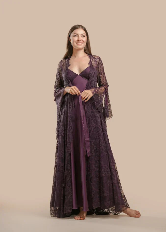 Long Satin & Lace Nightdress & Robe Set – Imoaix